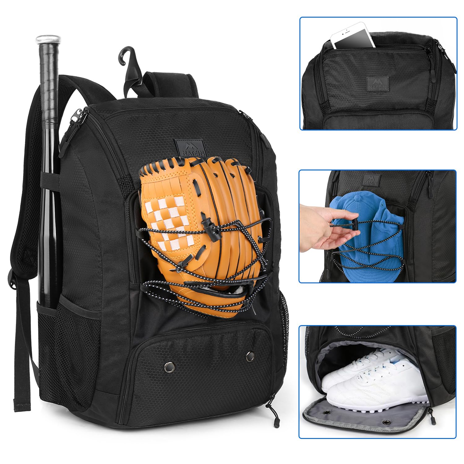 MATEIN Baseball Bag, Large Softball Bag with Shoe Compartment, Bat Bags for Men and Adult, Baseball Backpack with Fence Hook Hold TBall Bat, Batting Mitten, Helmet, Teeball Gear, Black