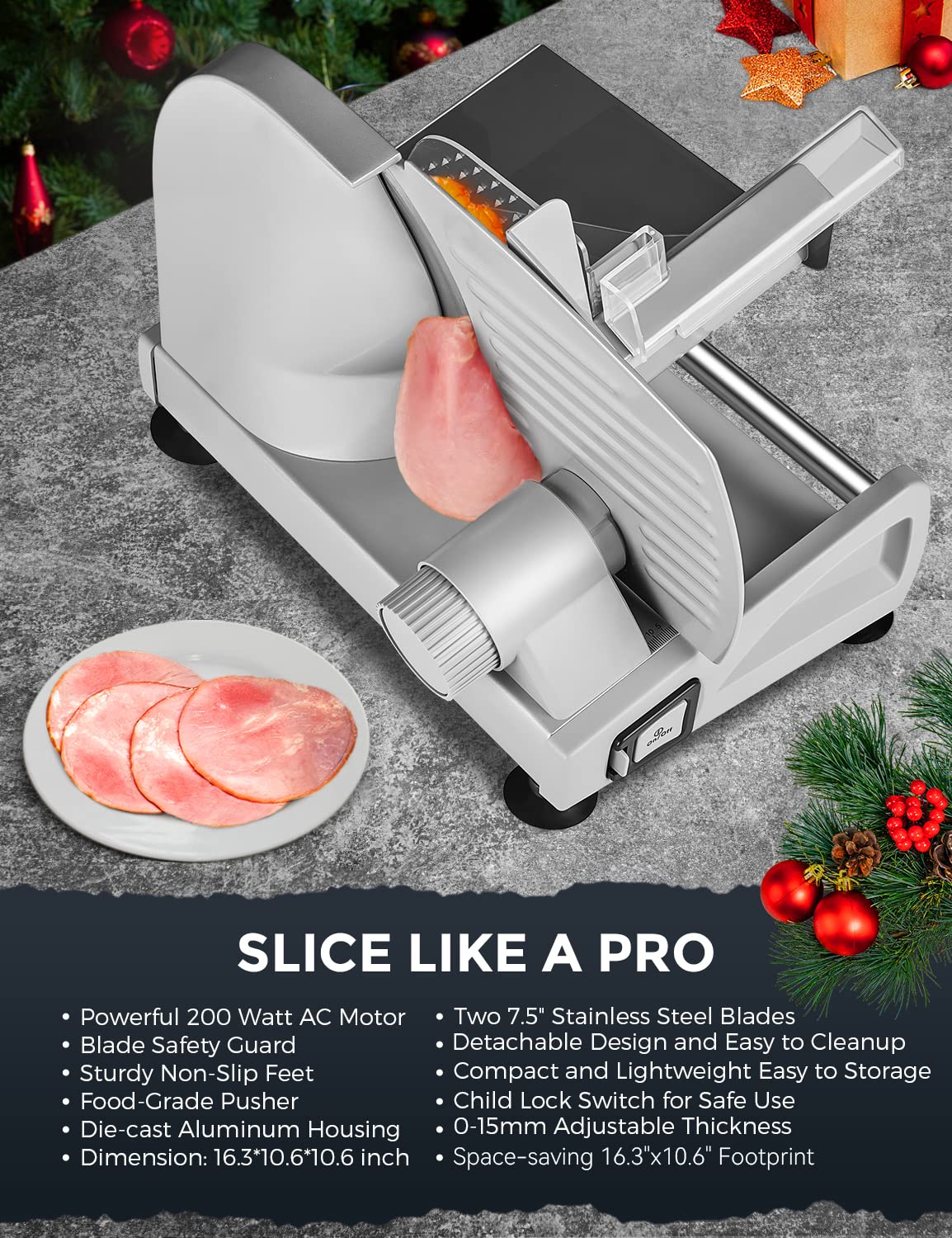MIDONE Meat Slicer 200W Electric Deli Food Slicer with Two Removable 7.5ββ Stainless Steel Blade, Adjustable Thickness for Home Use, Child Lock Protection, Silver