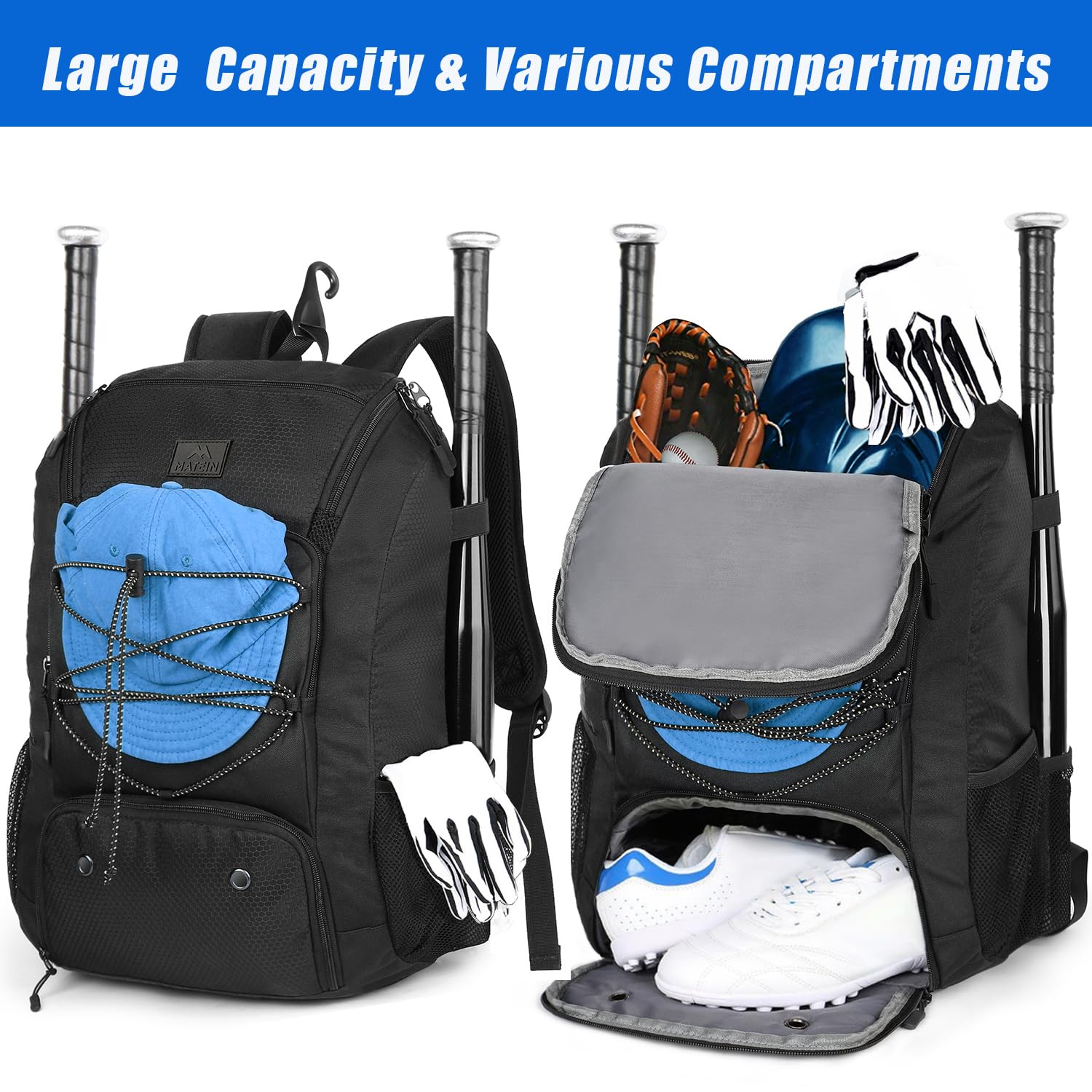 MATEIN Baseball Bag, Large Softball Bag with Shoe Compartment, Bat Bags for Men and Adult, Baseball Backpack with Fence Hook Hold TBall Bat, Batting Mitten, Helmet, Teeball Gear, Black