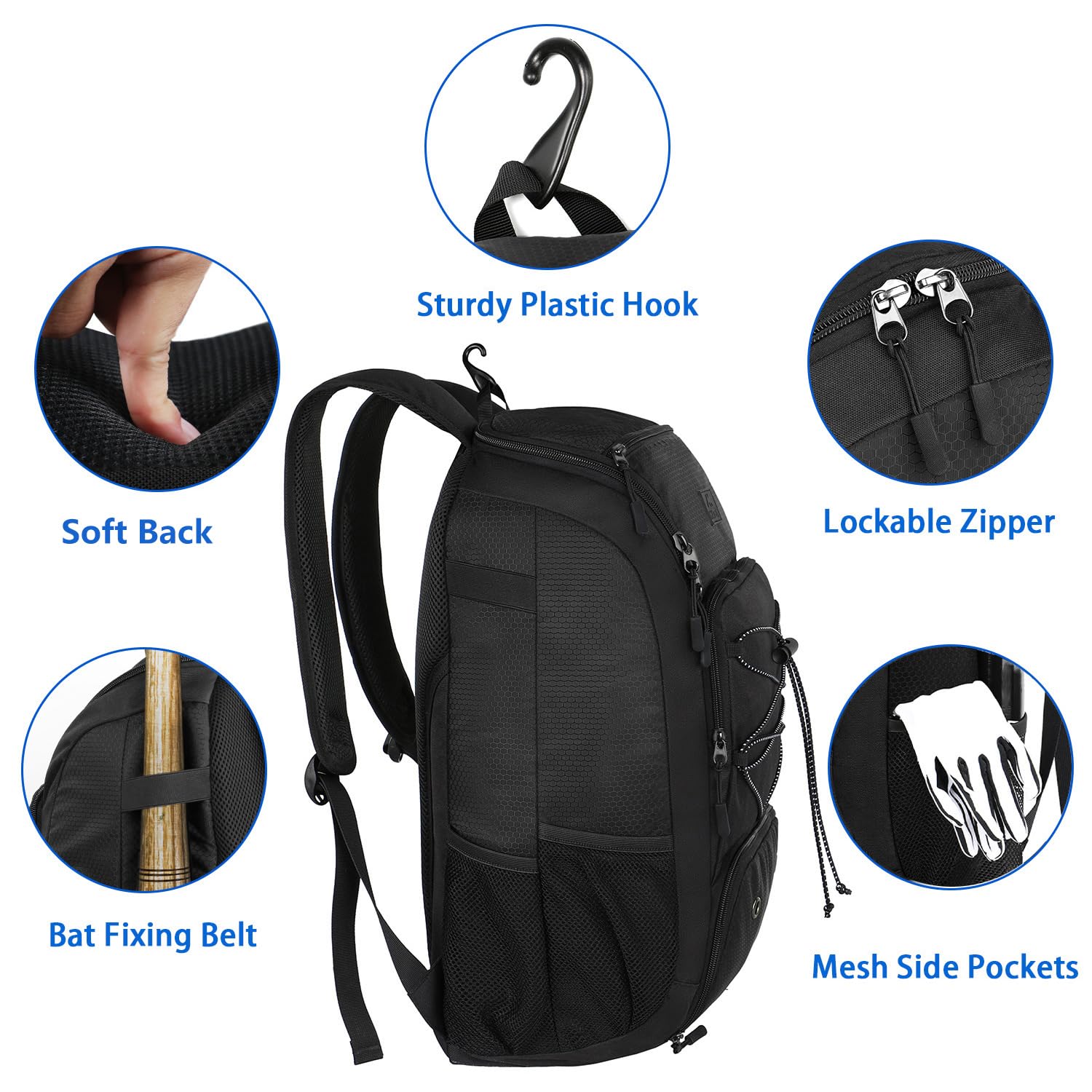 MATEIN Baseball Bag, Large Softball Bag with Shoe Compartment, Bat Bags for Men and Adult, Baseball Backpack with Fence Hook Hold TBall Bat, Batting Mitten, Helmet, Teeball Gear, Black