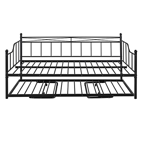 LUSPAZ Full Size Extendable Bed with Pop Up Trundle, Twin to King Daybed with Pull Out Trundle for Adults, Kids