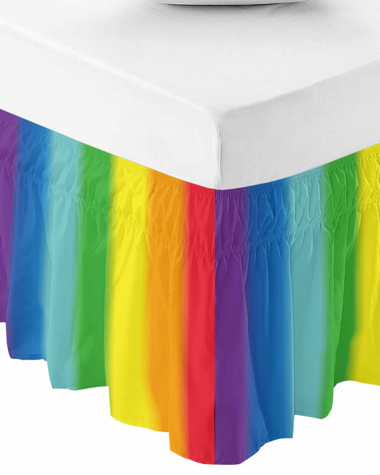 Rainbow Bed Skirt Queen Size 16 Inch Drop, Adjustable & Elastic Wrap Around Bed Skirts Pleated Luxury Dust Ruffles for Twin Full Queen Cal King Base Bed, Abtract Ombre Colorful Geometric Stripes