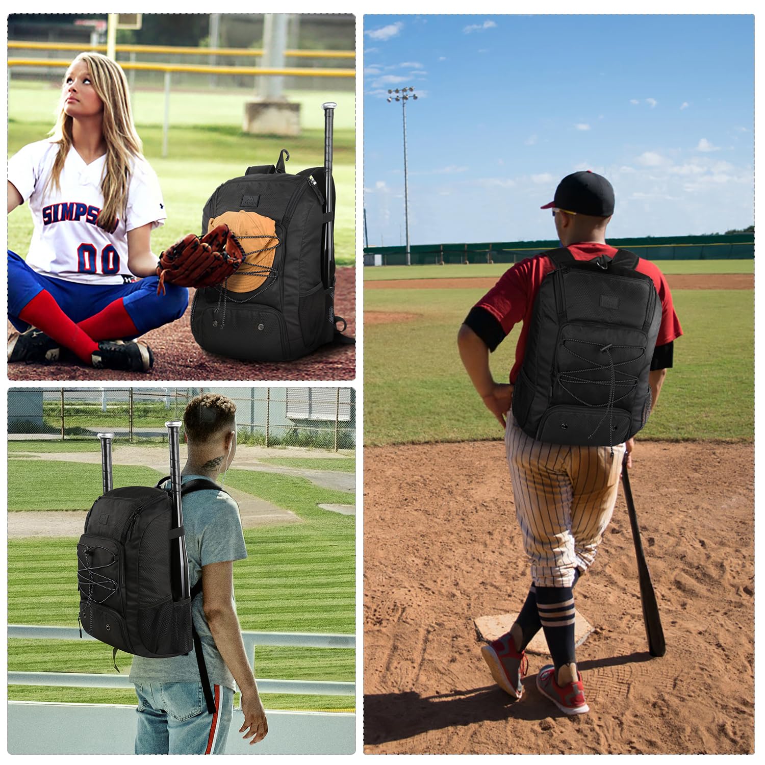 MATEIN Baseball Bag, Large Softball Bag with Shoe Compartment, Bat Bags for Men and Adult, Baseball Backpack with Fence Hook Hold TBall Bat, Batting Mitten, Helmet, Teeball Gear, Black