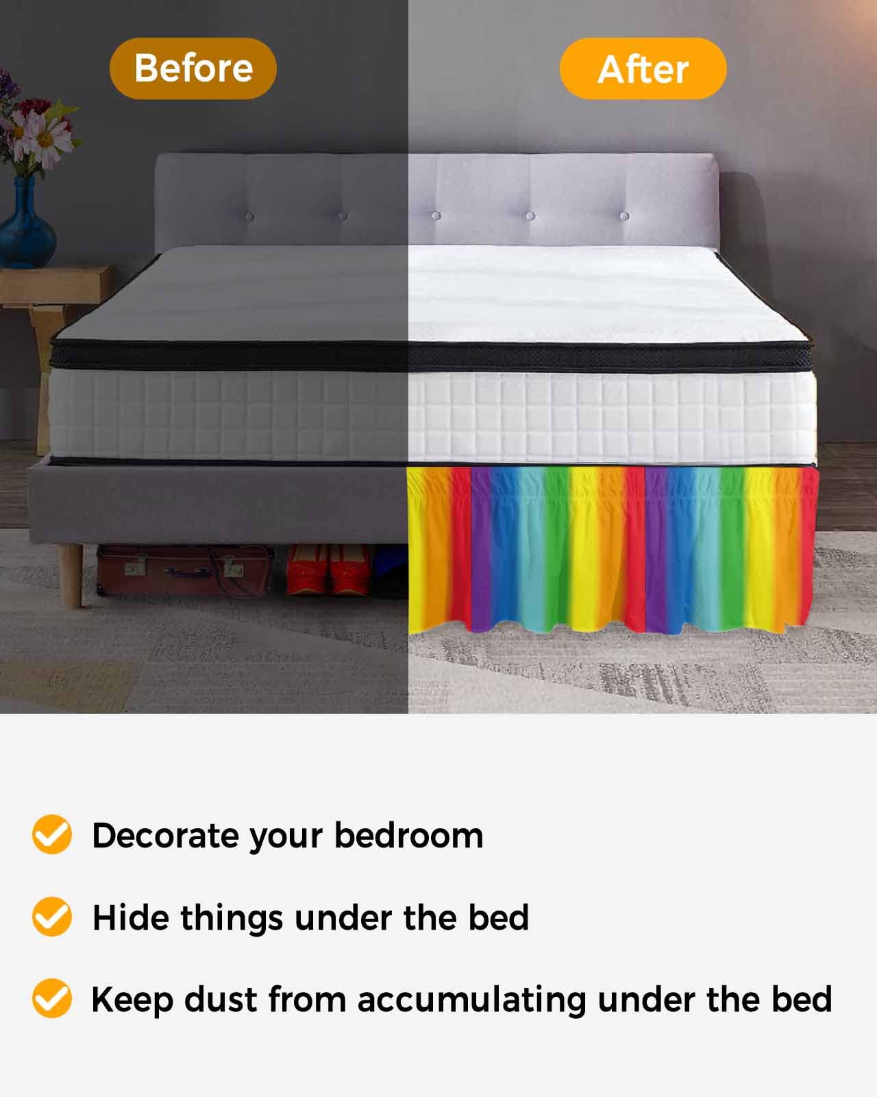 Rainbow Bed Skirt Queen Size 16 Inch Drop, Adjustable & Elastic Wrap Around Bed Skirts Pleated Luxury Dust Ruffles for Twin Full Queen Cal King Base Bed, Abtract Ombre Colorful Geometric Stripes