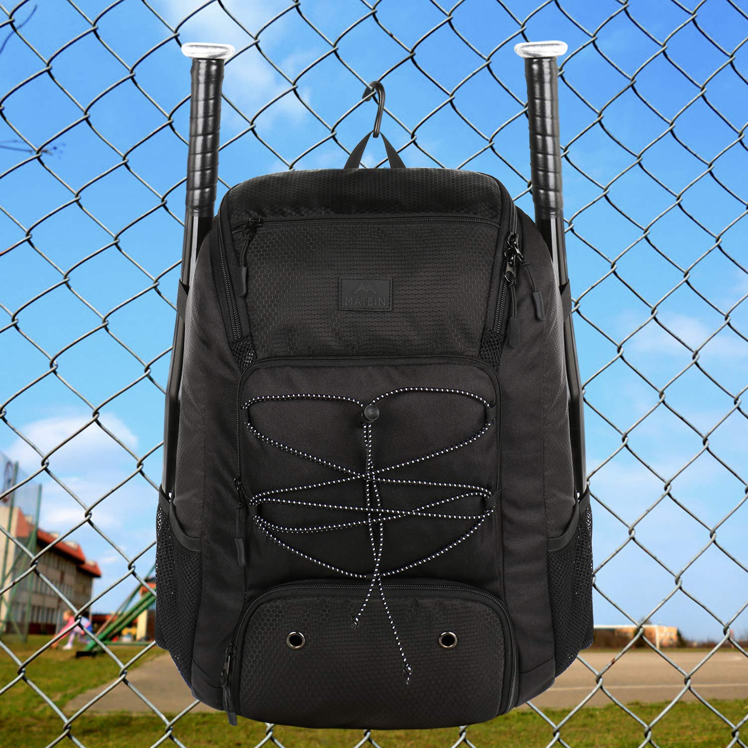 MATEIN Baseball Bag, Large Softball Bag with Shoe Compartment, Bat Bags for Men and Adult, Baseball Backpack with Fence Hook Hold TBall Bat, Batting Mitten, Helmet, Teeball Gear, Black