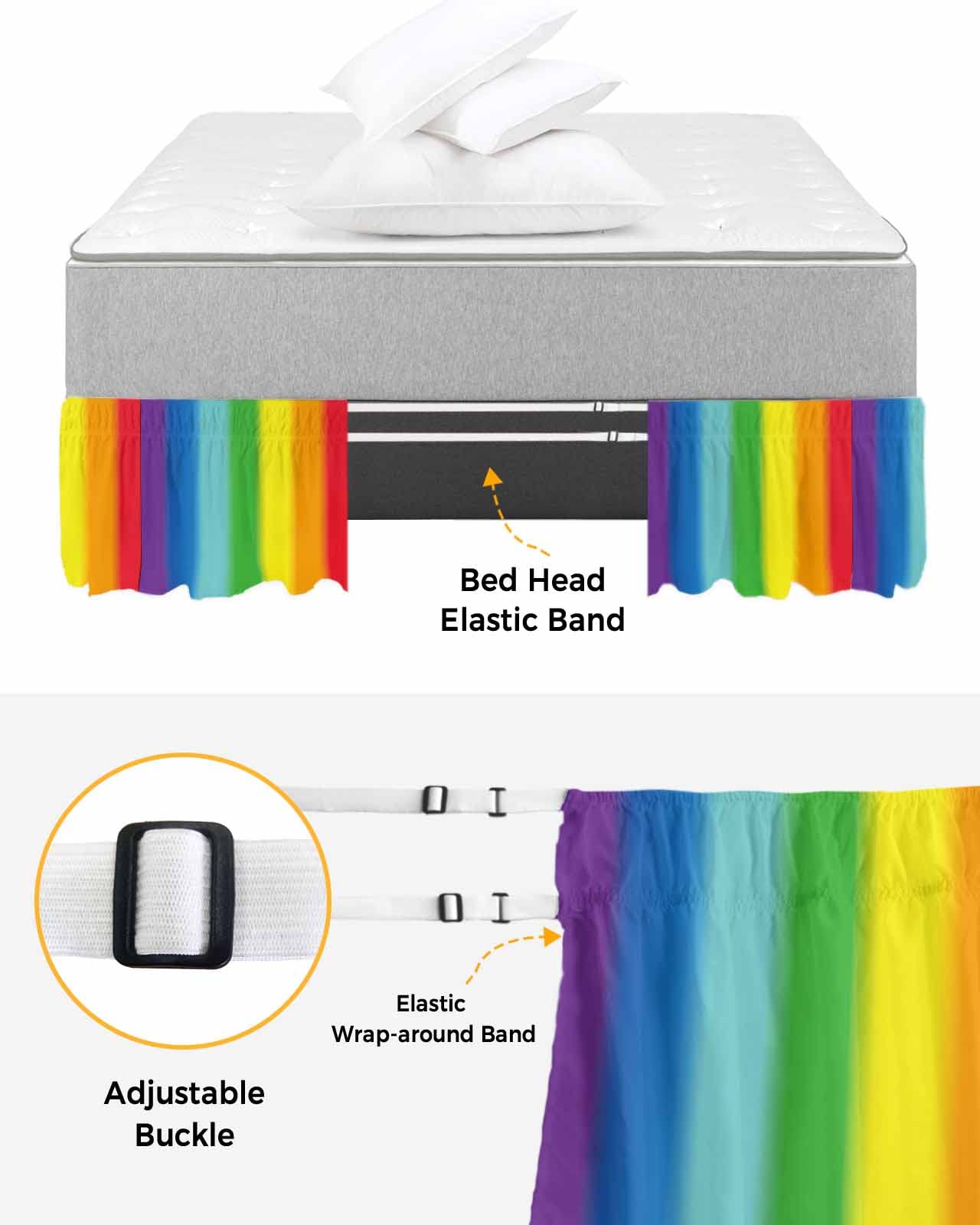 Rainbow Bed Skirt Queen Size 16 Inch Drop, Adjustable & Elastic Wrap Around Bed Skirts Pleated Luxury Dust Ruffles for Twin Full Queen Cal King Base Bed, Abtract Ombre Colorful Geometric Stripes