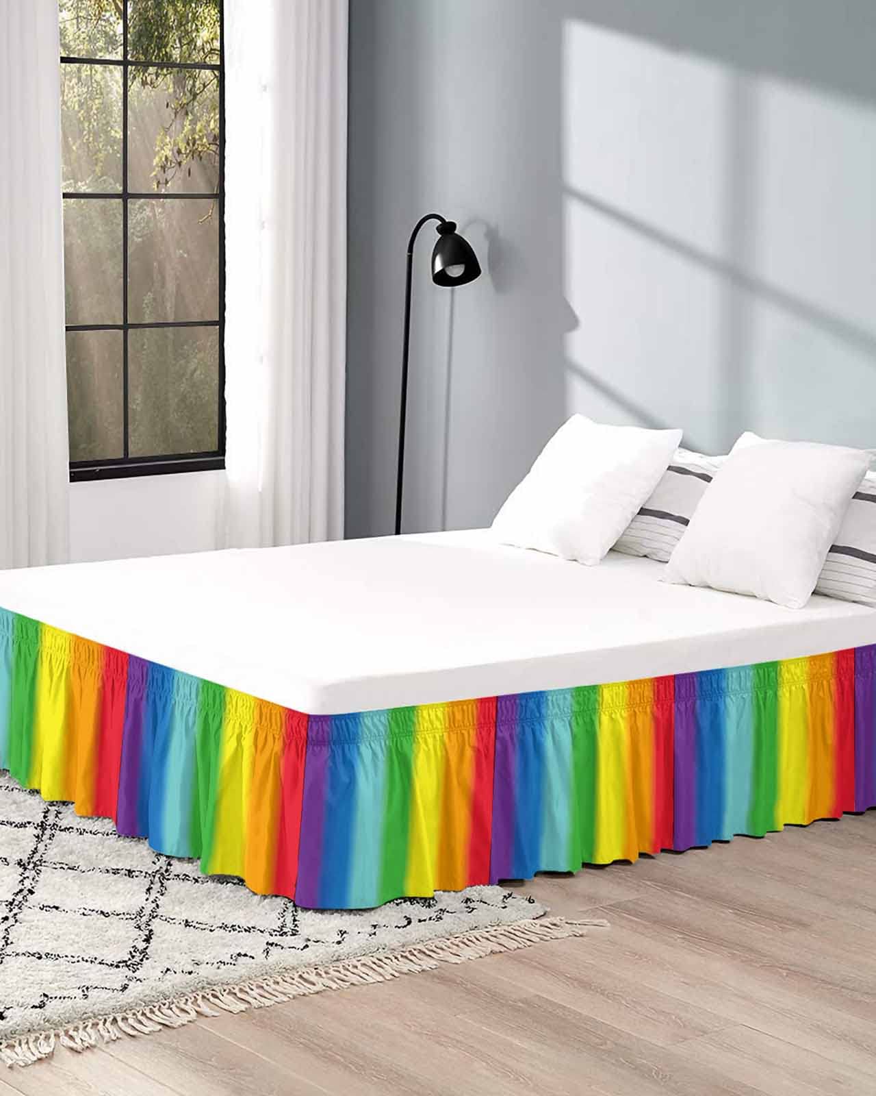 Rainbow Bed Skirt Queen Size 16 Inch Drop, Adjustable & Elastic Wrap Around Bed Skirts Pleated Luxury Dust Ruffles for Twin Full Queen Cal King Base Bed, Abtract Ombre Colorful Geometric Stripes