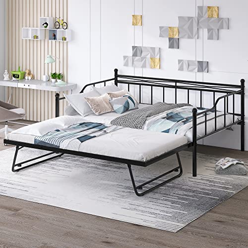 LUSPAZ Full Size Extendable Bed with Pop Up Trundle, Twin to King Daybed with Pull Out Trundle for Adults, Kids