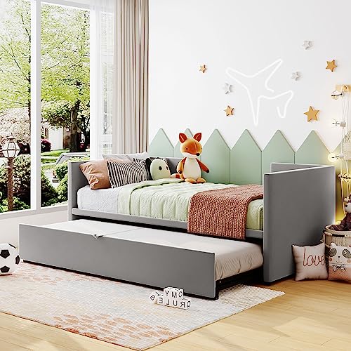 DEINPPA Twin Extendable Platform Bed, Upholstered Transitional Daybed with Trundle, Twin Size to King Size Bed, No Box Spring Needed-Grey