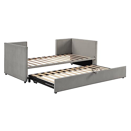 DEINPPA Twin Extendable Platform Bed, Upholstered Transitional Daybed with Trundle, Twin Size to King Size Bed, No Box Spring Needed-Grey