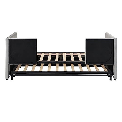 DEINPPA Twin Extendable Platform Bed, Upholstered Transitional Daybed with Trundle, Twin Size to King Size Bed, No Box Spring Needed-Grey