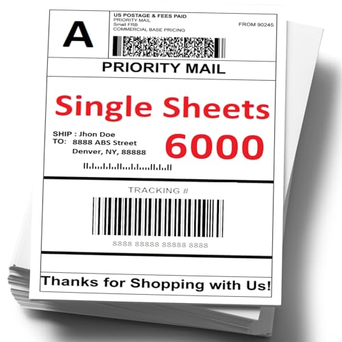 Enolvo Shipping Labels 4X6 Inch - Shipping Label for Inkjet Printer and Laserjet, Mailing Postal Shipping Stickers 4X6 Printer Paper, White Opaque - Single Sheets (6000 Count)