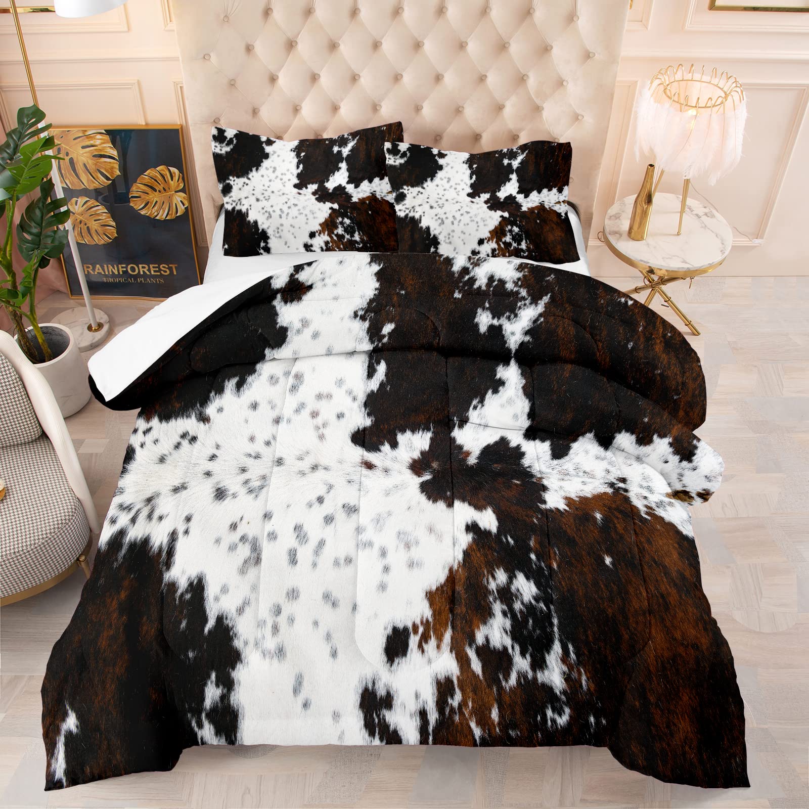 Tailor Shop Black White Cow Print Comforter Set Twin, Western Farmhouse Cow Print Bedding in A Bag, Rustic Cowhide Comforter Set with 1 Matching Pillowcase Bedroom Decor……
