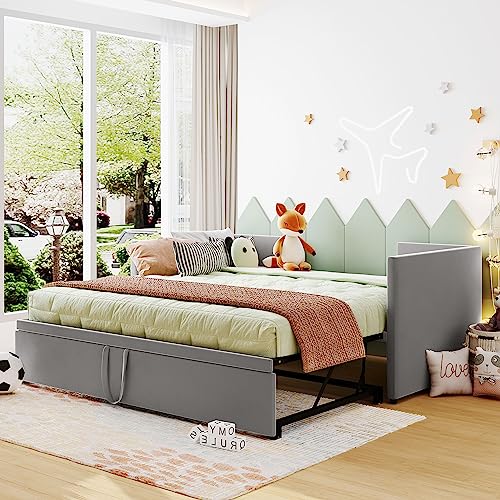 DEINPPA Twin Extendable Platform Bed, Upholstered Transitional Daybed with Trundle, Twin Size to King Size Bed, No Box Spring Needed-Grey