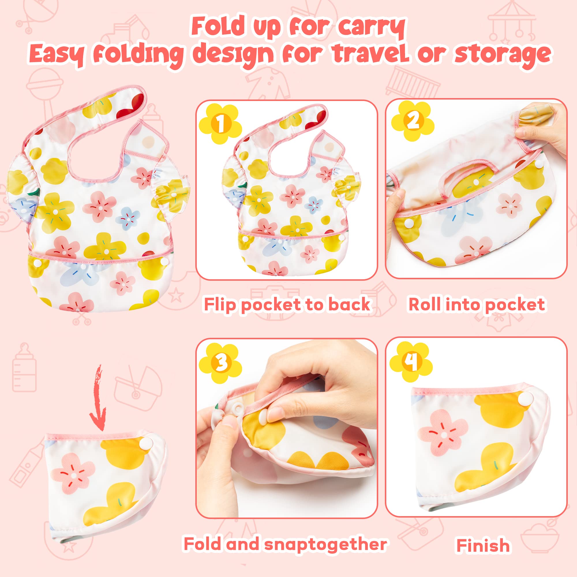 2ooya 3Pcs Mess Proof Bibs for Baby Girls Eating Waterproof Feeding Bib Set with Crumb Catcher Infant Adjustable Teething Bib Sleeveless Food Bibs for Babies, 6-36 Months