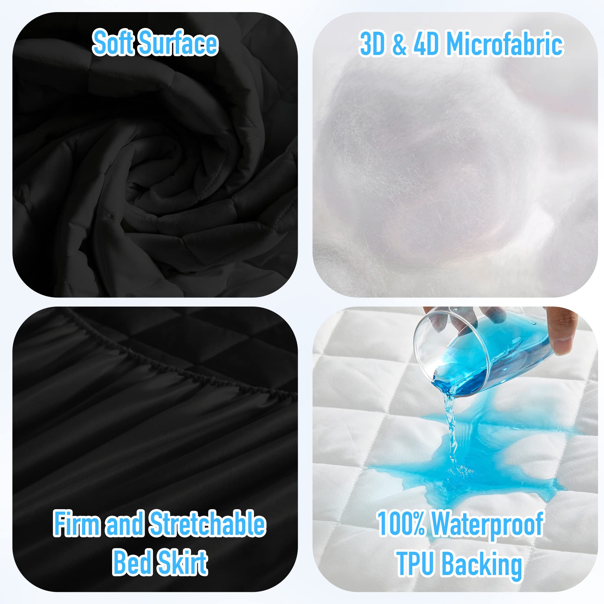 HYLEORY Queen Size Waterproof Mattress Pad Protector, Breathable Quilted Mattress Cover Noiseless Waterproof Fitted Sheet Mattress Topper Upto 21" Deep Pocket, Black