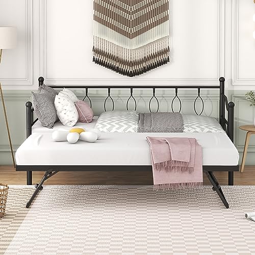 RORIGAT Twin Daybed with Trundle, Metal Day Bed with Adjustable Trundle, Twin to King Daybed with Portable Folding Trundle for Kids Teens Adults, Heavy Duty Steel Slat Support, Black