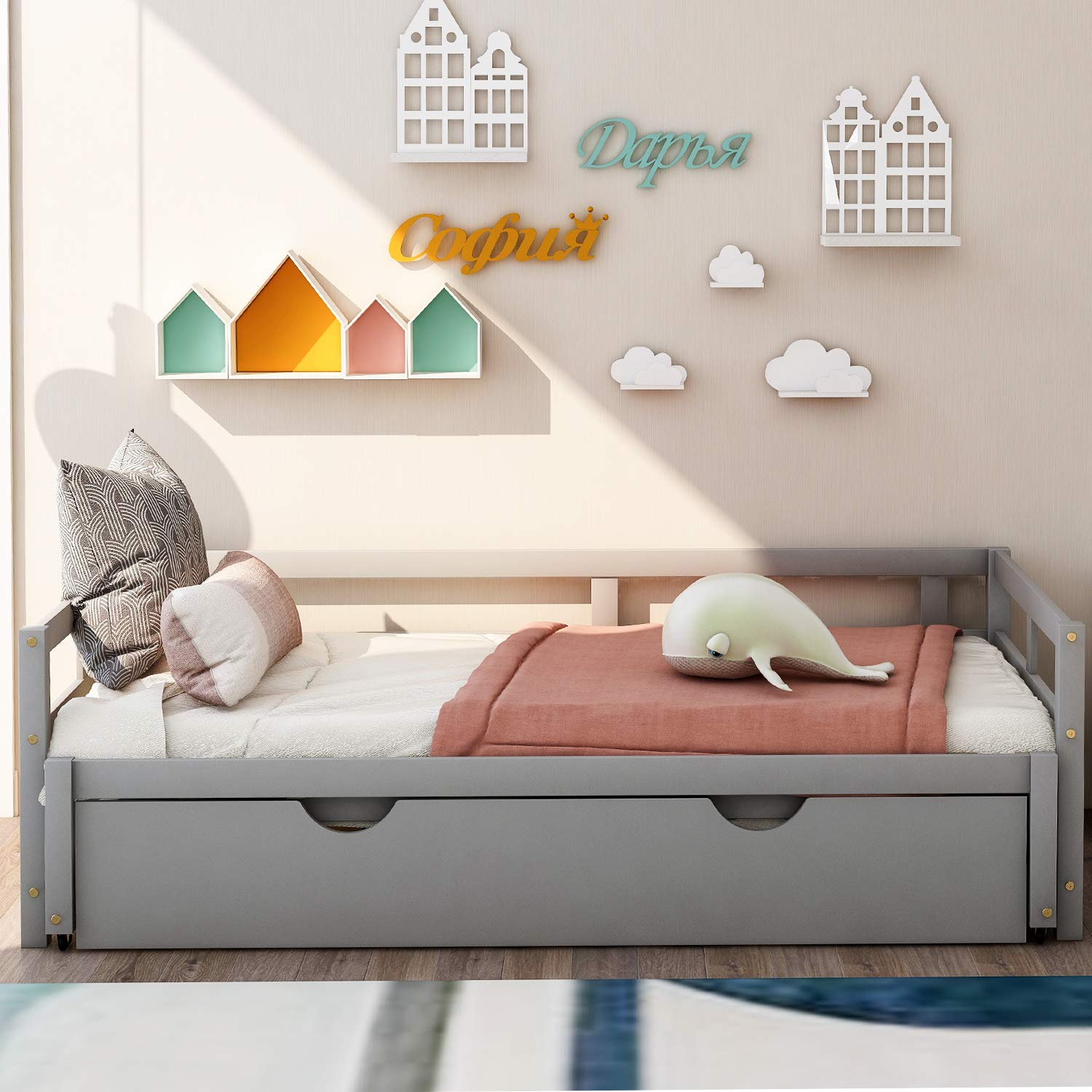 Merax Modern Extending Daybed with 2 Pop Up Trundle Beds Twin to King Wood Sofa Day Bed with Headboard No Box Spring Needed Grey