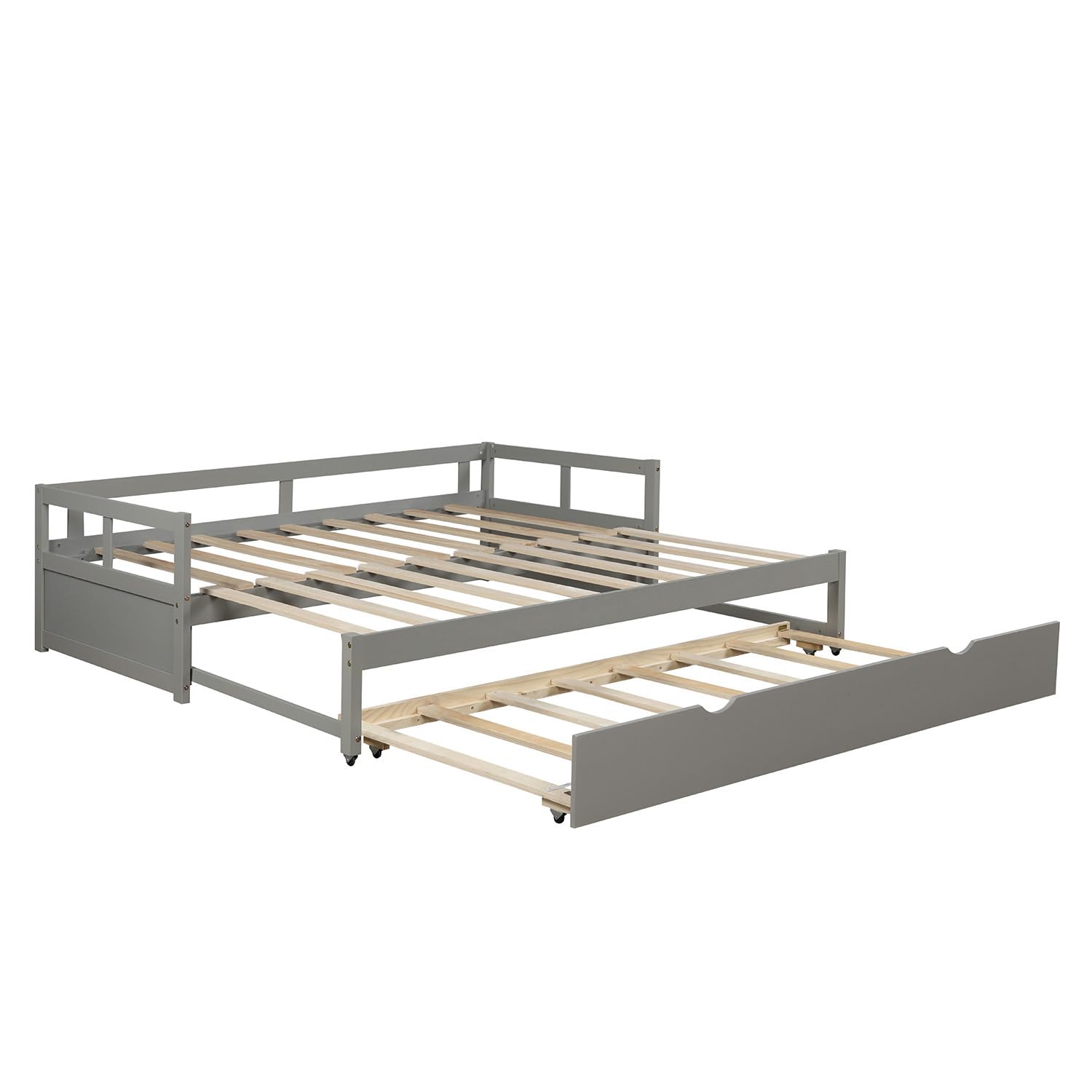 Merax Modern Extending Daybed with 2 Pop Up Trundle Beds Twin to King Wood Sofa Day Bed with Headboard No Box Spring Needed Grey
