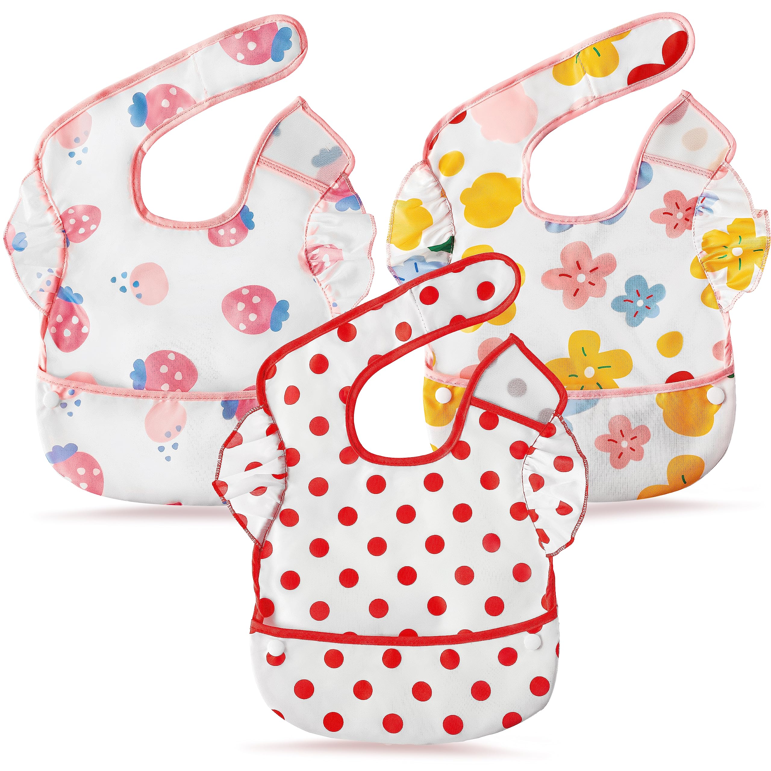 2ooya 3Pcs Mess Proof Bibs for Baby Girls Eating Waterproof Feeding Bib Set with Crumb Catcher Infant Adjustable Teething Bib Sleeveless Food Bibs for Babies, 6-36 Months