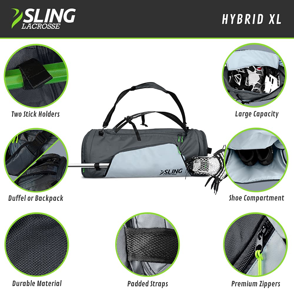 Lacrosse Bag Hybrid XL - Use as a Backpack or Duffel Bag, Holds 2 Sticks and All of Your Gear with a 75L Capacity