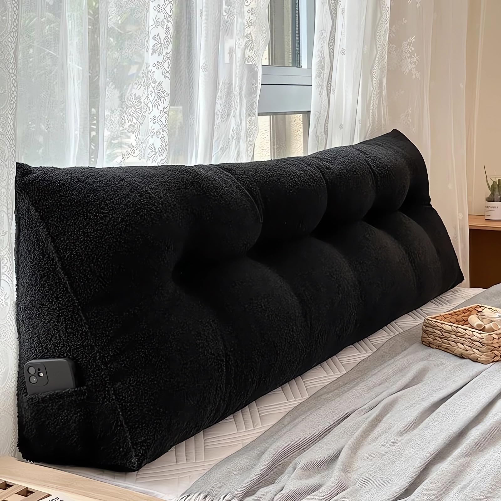 LQdpdd Bed Rest Reading Wedge Headboard Backrest Tufted Pillow Upholstered Wall Mounted Headboard Dorm Daybed Pillow Upholstered Headboard Pillows,Black,King/200/76x7.8x20