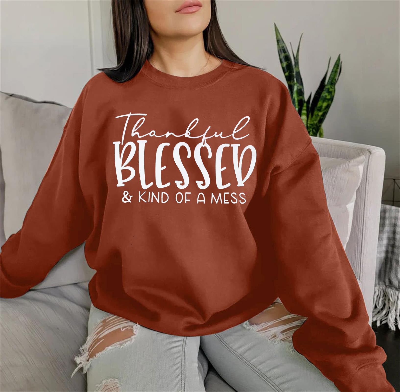 VILOVE Thankful Blessed and Kind Of a Mess Sweatshirt Women Thanksgiving Pullover Blessed Sweatshirt Oversized Tops Brown