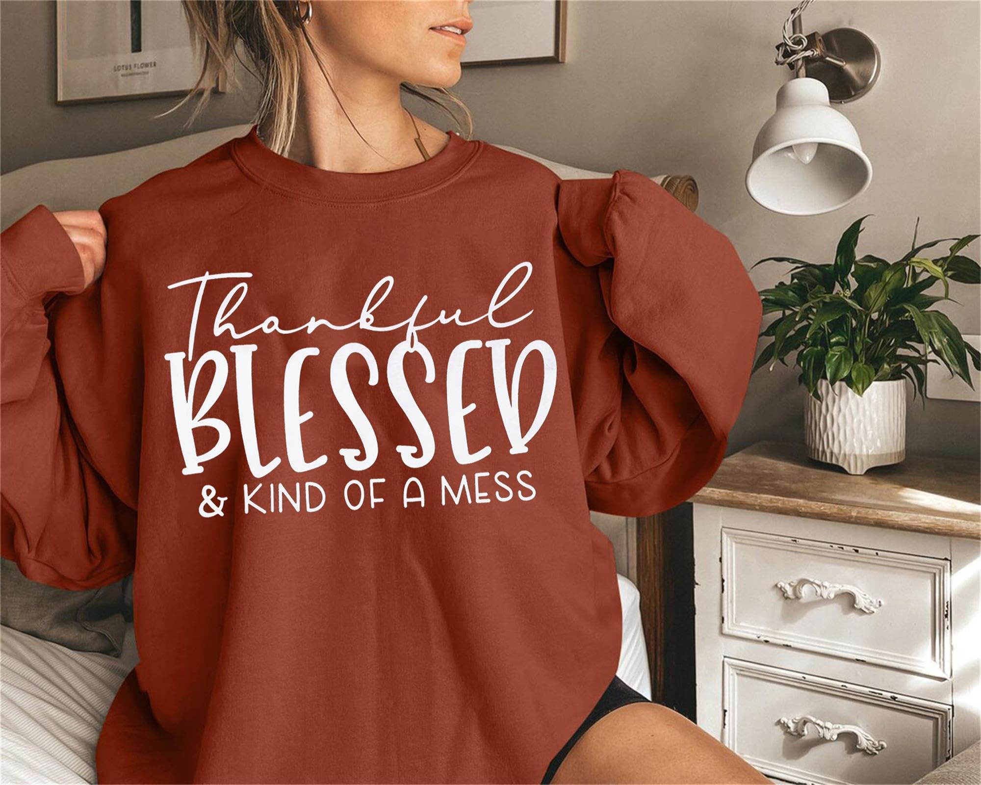 VILOVE Thankful Blessed and Kind Of a Mess Sweatshirt Women Thanksgiving Pullover Blessed Sweatshirt Oversized Tops Brown