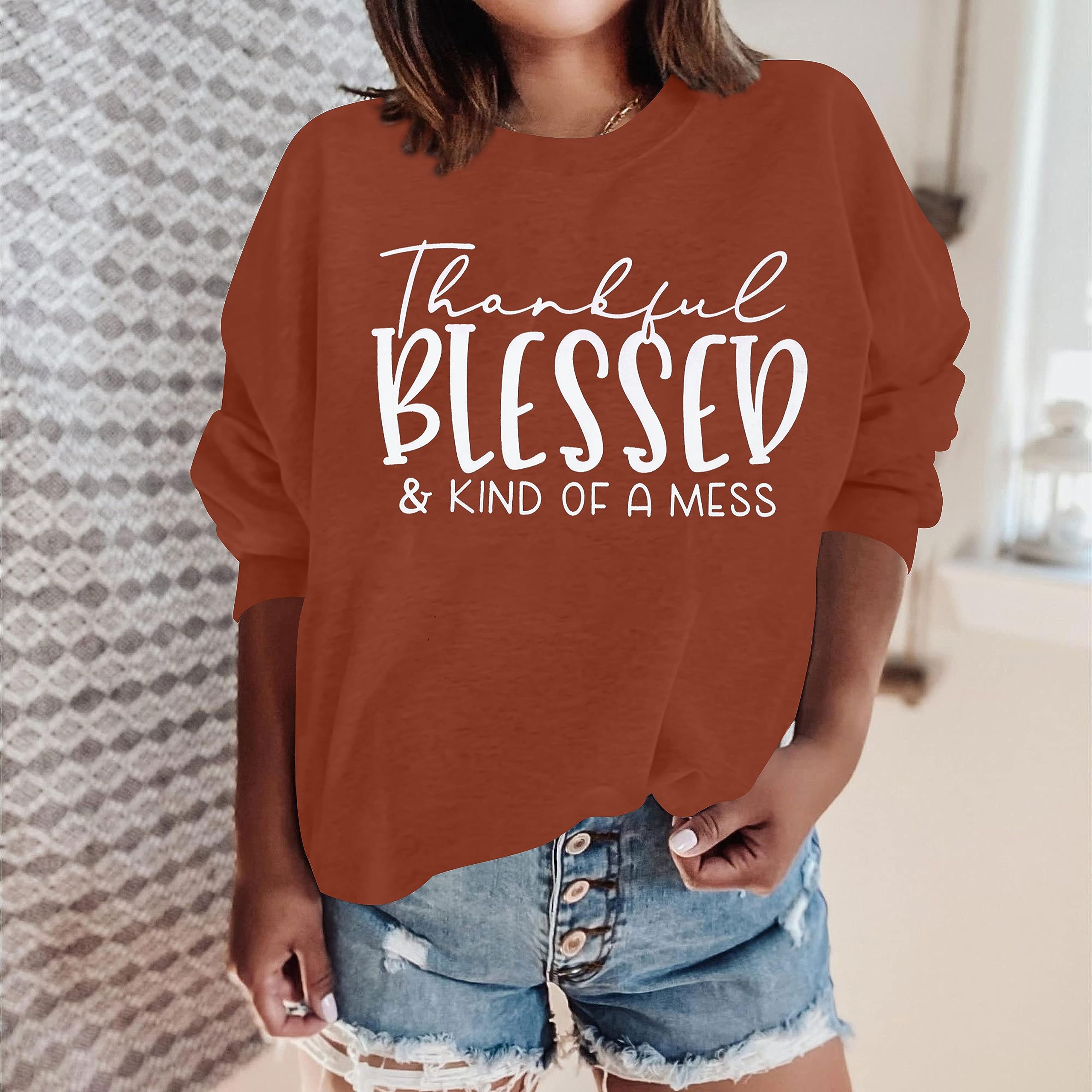 VILOVE Thankful Blessed and Kind Of a Mess Sweatshirt Women Thanksgiving Pullover Blessed Sweatshirt Oversized Tops Brown