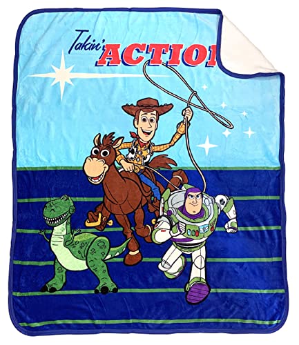 Disney Pixar Toy Story Takin Action Sherpa Throw Blanket - Measures 50 x 60 inches, Kids Bedding Features Woody & Buzz Lightyear - Fade Resistant Super Soft - (Official Disney Pixar Product)