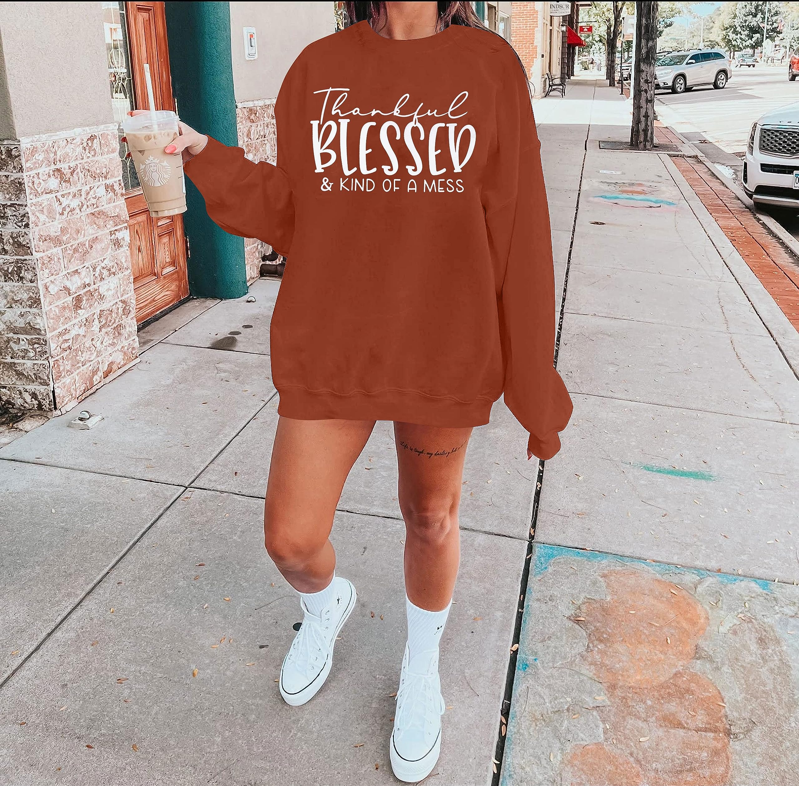 VILOVE Thankful Blessed and Kind Of a Mess Sweatshirt Women Thanksgiving Pullover Blessed Sweatshirt Oversized Tops Brown