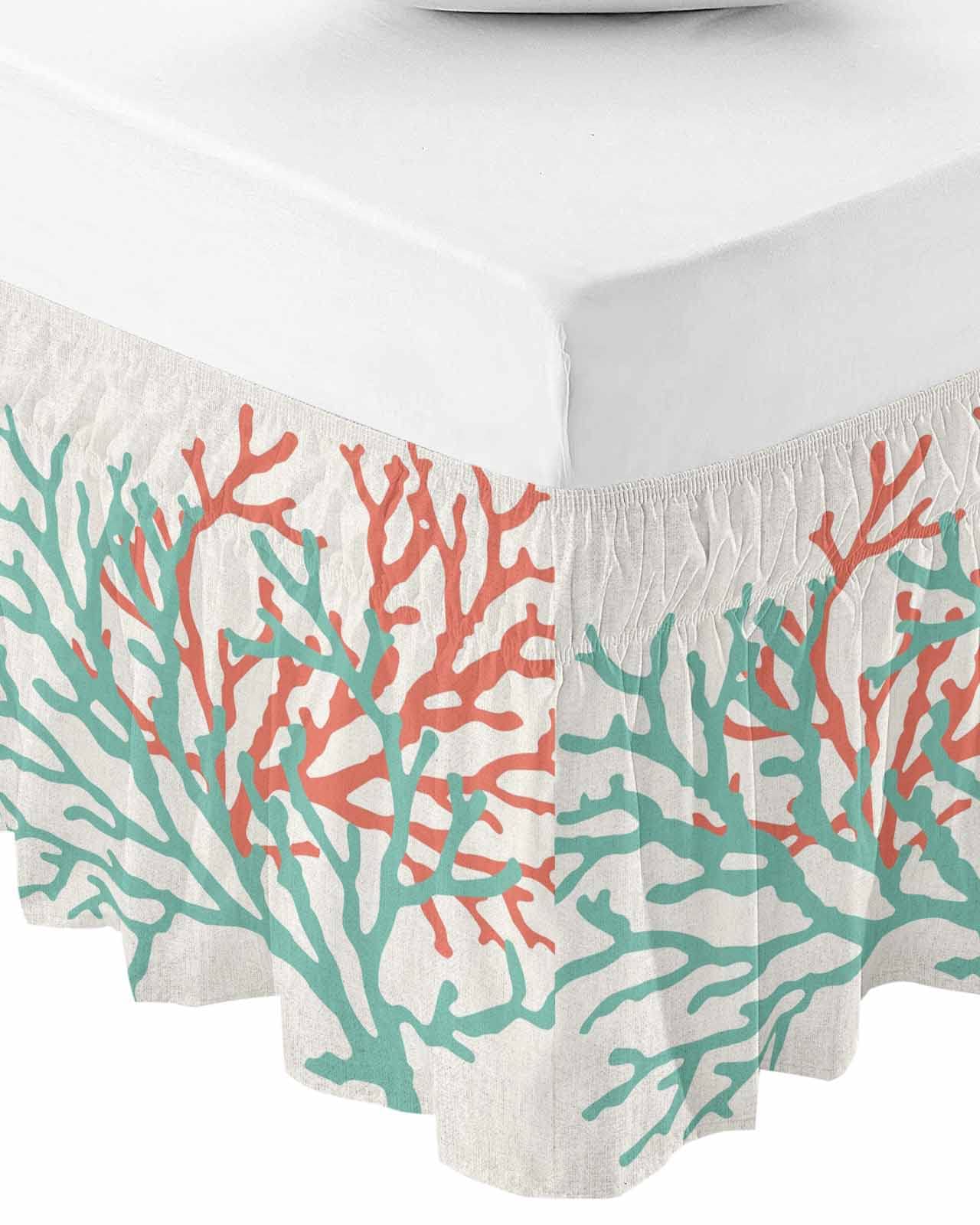 Coral Bed Skirt Queen Size 16 Inch Drop, Adjustable & Elastic Wrap Around Bed Skirts Pleated Luxury Dust Ruffles for Twin Full Queen Cal King Base Bed, Summer Beach Sea Vintage Ocean Nautical