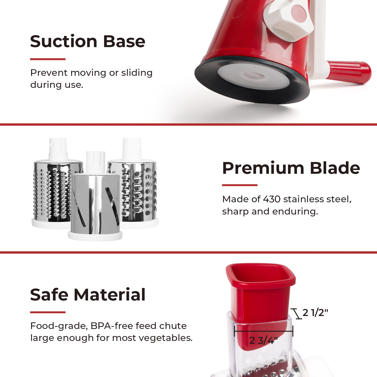 X Home Rotary Cheese Grater for Kitchen, Shredder with 3 Interchangeable Blades, Rotary Grater with Handle and Strong Suction Base, for Vegetables, Fruit, Nuts, Easy to Use and Clean, Red