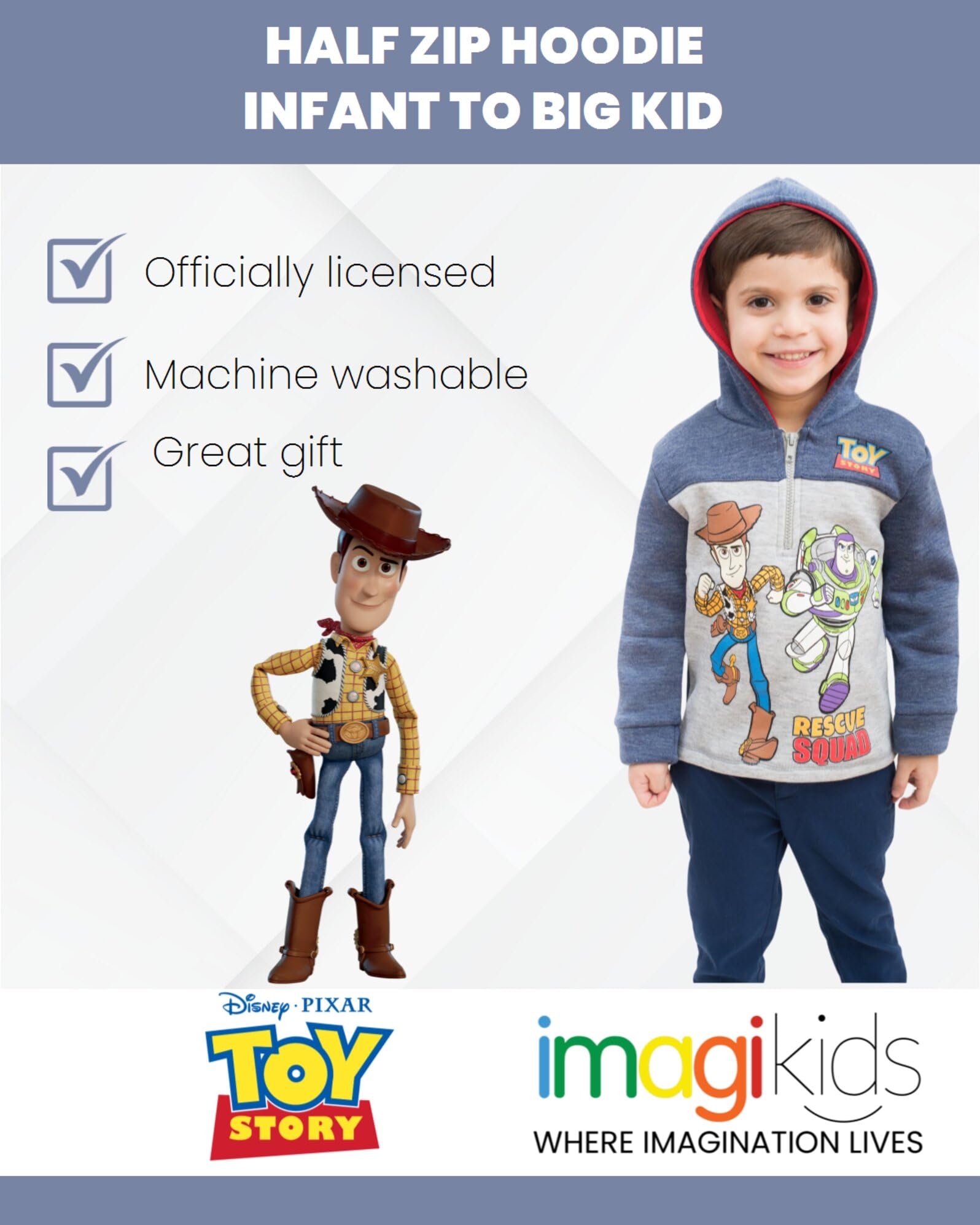 Disney Pixar Toy Story Woody Buzz Lightyear Toddler Boys Fleece Half Zip Hoodie 4T