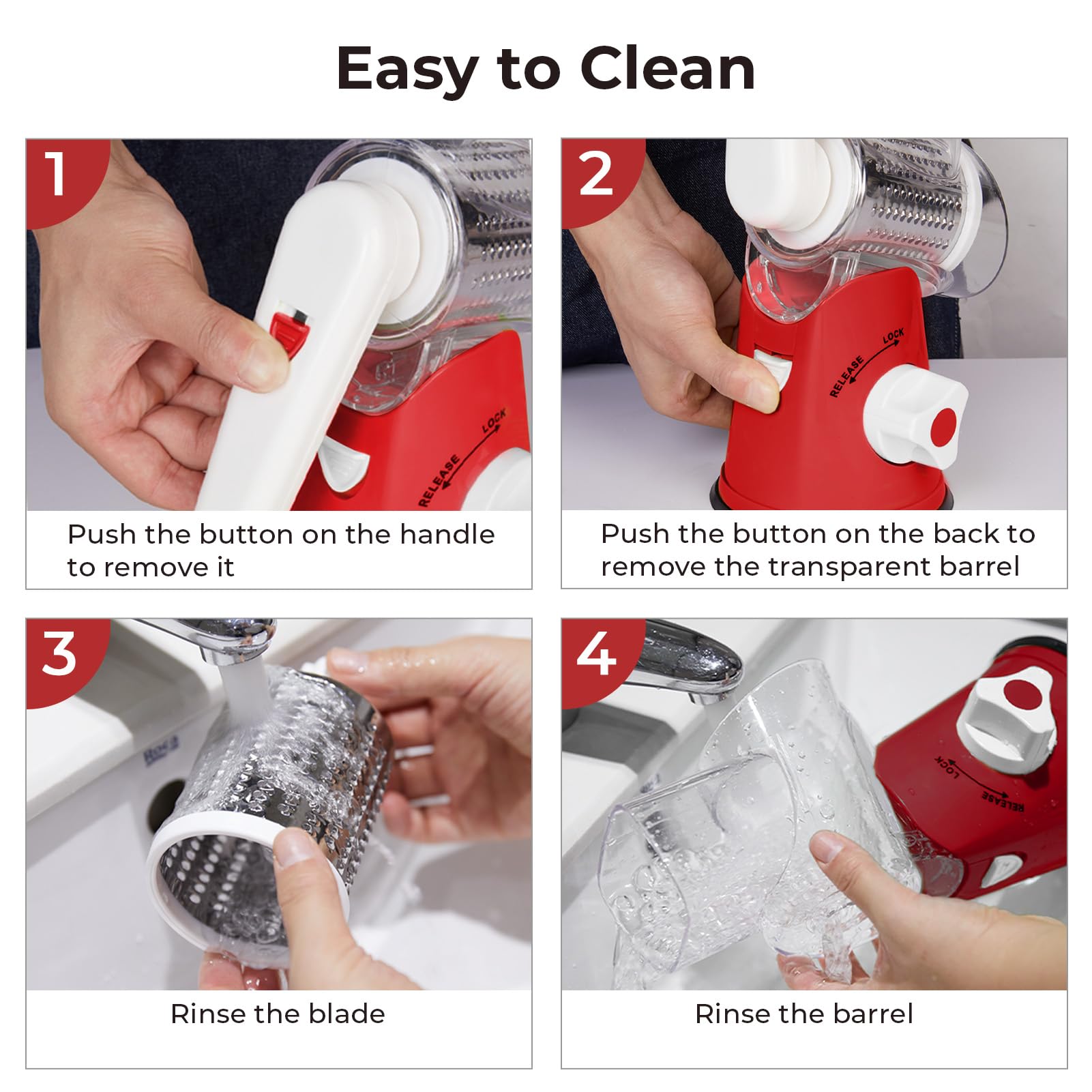 X Home Rotary Cheese Grater for Kitchen, Shredder with 3 Interchangeable Blades, Rotary Grater with Handle and Strong Suction Base, for Vegetables, Fruit, Nuts, Easy to Use and Clean, Red