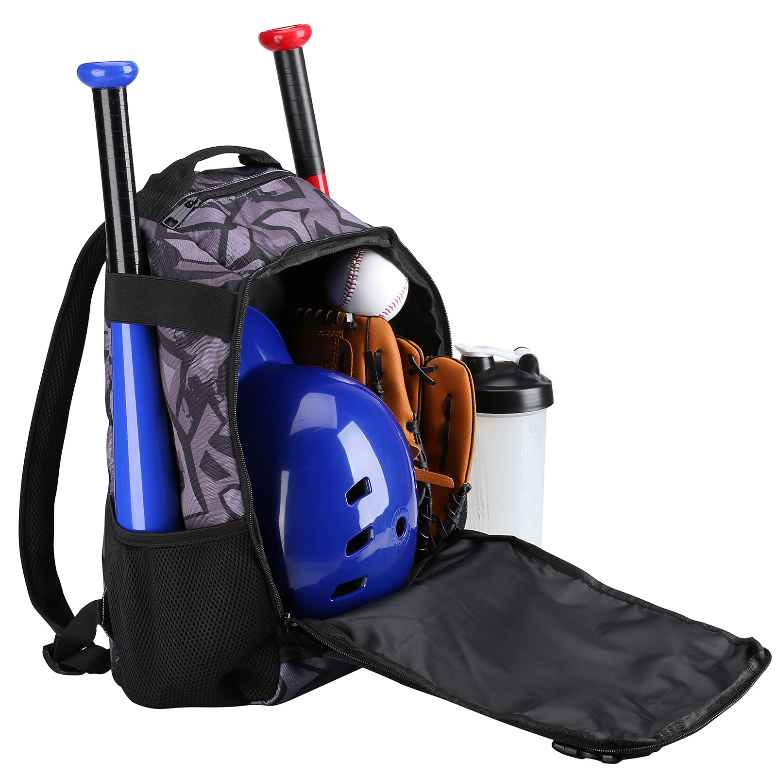 ZOEA Baseball Bat Bag Backpack, T-Ball & Softball Equipment & Gear for Youth, Large Capacity Holds 2 Bats, Helmet, Gloves, Cleats, Helmet Holder and Includes Fence Hook (Black)