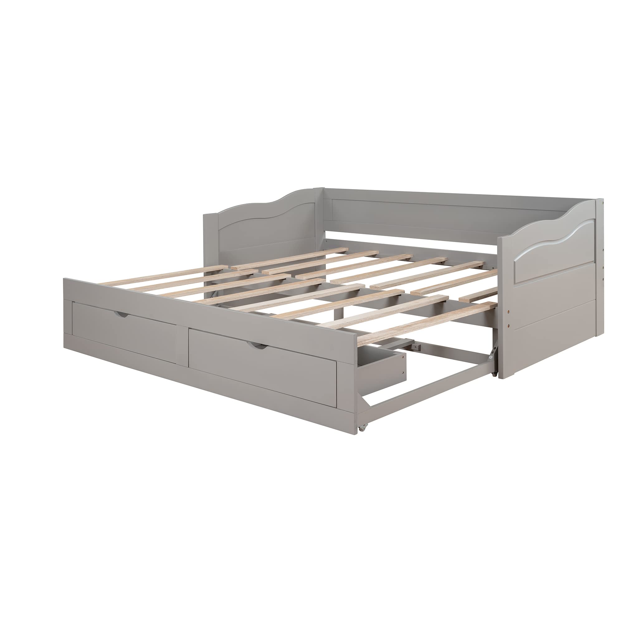 CITYLIGHT Twin to King Daybed with Storage Drawers, Wood Extendable Daybed with Trundle, Kids Sofa Bed Frame for Bedroom Living Room, No Box Spring Needed (Twin to King, Gray)