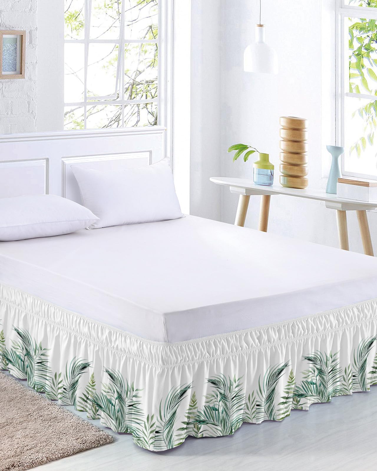 Tropical Bed Skirt Cal King Size 16 Inch Drop,Adjustable Elastic Wrap Around Bed Skirts Pleated Luxury Dust Ruffles for Twin Full Queen Cal King Bed,Country Rustic Green Palm Tree Leaves Eucalyptus