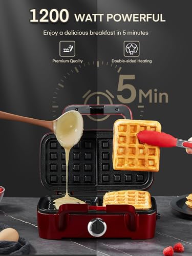 3-in-1 Sandwich Maker, 1200W Grill, Waffle and Sandwich Maker, 5 Speed Temperature Control, 3 Non-Stick and Removable Plates, Cold Touch Handle, LED Light Indicators, BPA Free, Red