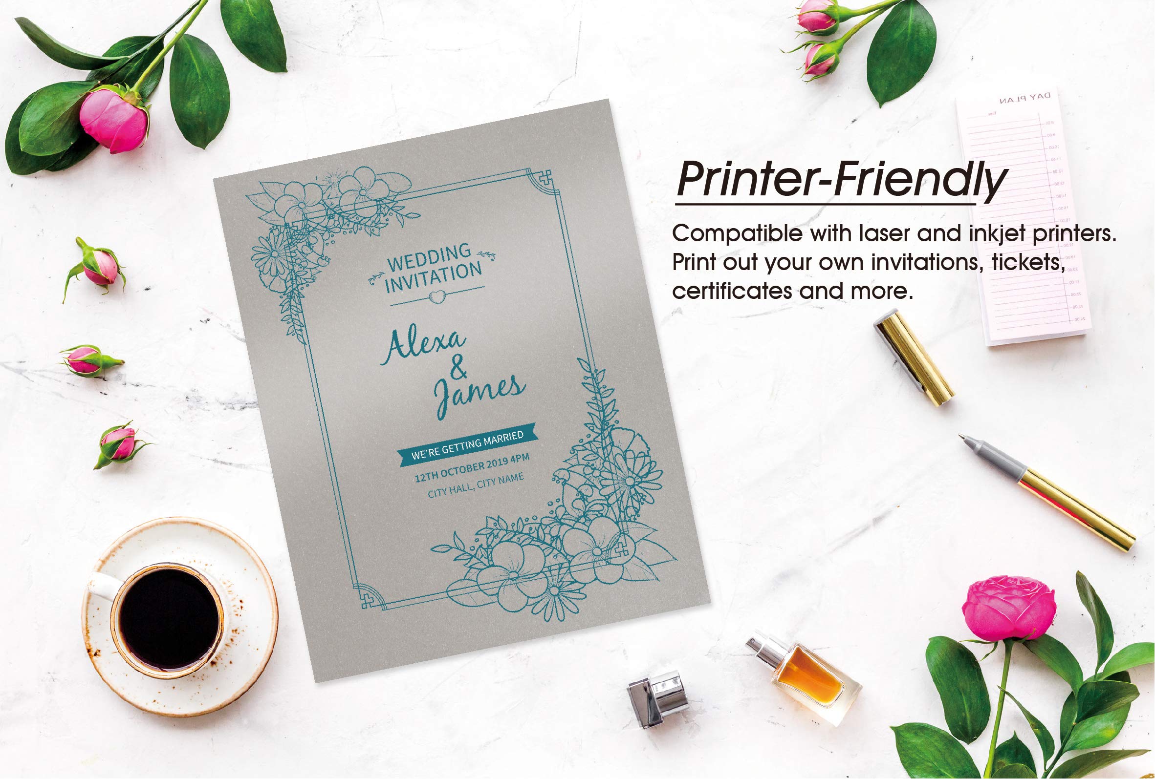 Silver Metallic Paper - 100-Pack Silver Shimmer Paper, Paper Crafting Supplies, Perfect for Flower Making, Ticket, Invitation, Stationery, Scrapbook Use, Printer Friendly, 120 GSM, 8.5 x 11 Inches