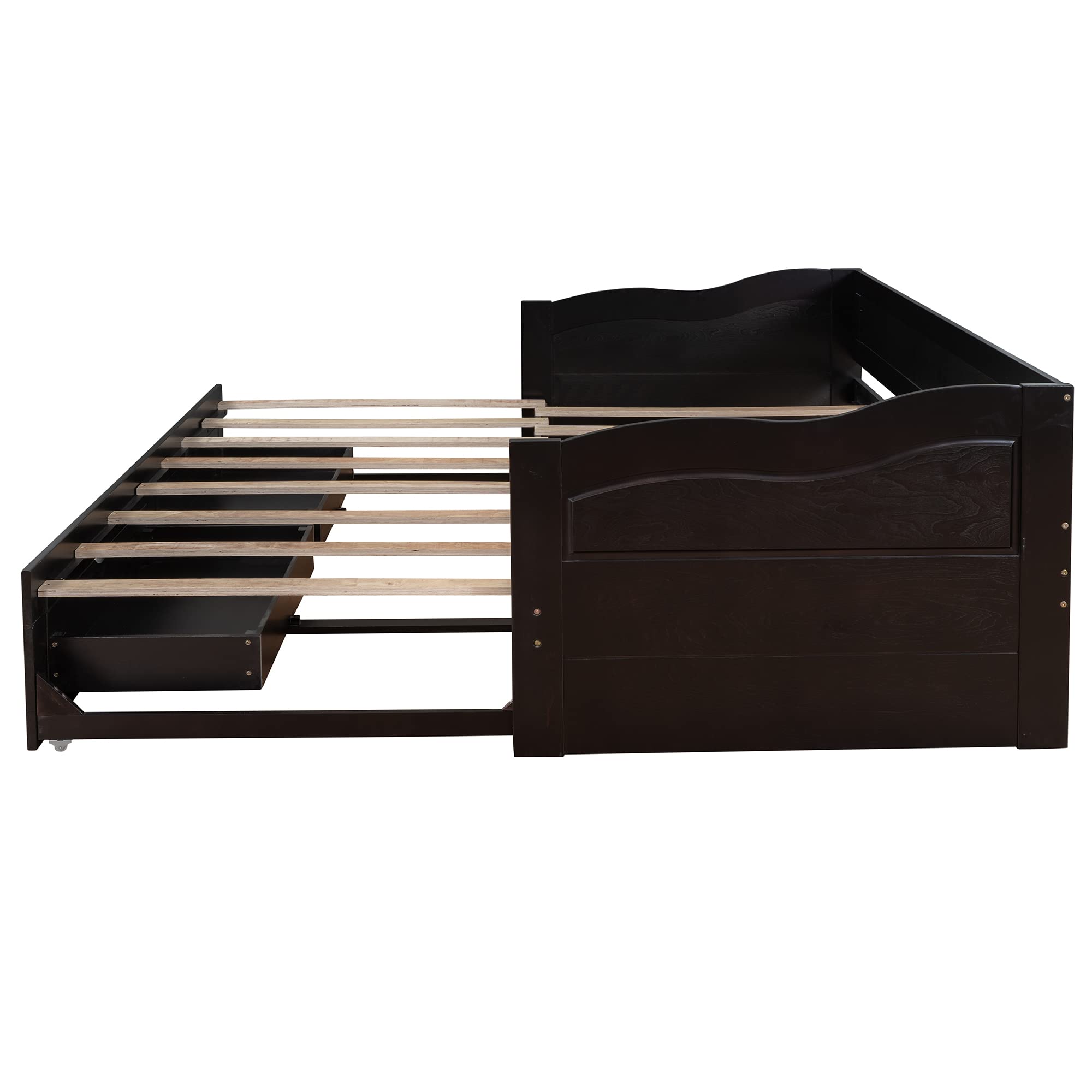 LERFAN Extending Daybed House Bed with Two Drawers and Trundle Bed, can be Expanded from Twin Size to King Size, No Box Spring Needed, 77.2" L x 76.4" W x 29" H Espresso