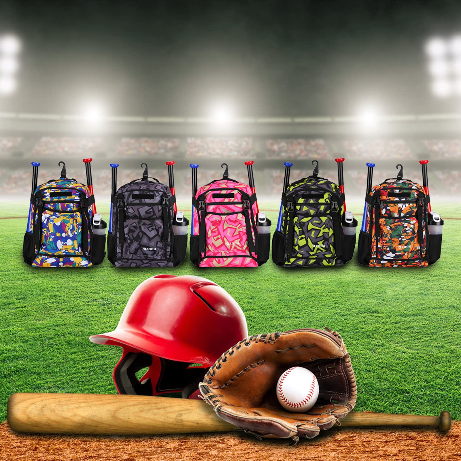 ZOEA Baseball Bat Bag Backpack, T-Ball & Softball Equipment & Gear for Youth, Large Capacity Holds 2 Bats, Helmet, Gloves, Cleats, Helmet Holder and Includes Fence Hook (Black)