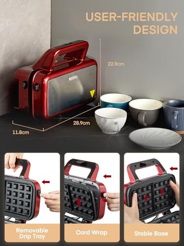 3-in-1 Sandwich Maker, 1200W Grill, Waffle and Sandwich Maker, 5 Speed Temperature Control, 3 Non-Stick and Removable Plates, Cold Touch Handle, LED Light Indicators, BPA Free, Red