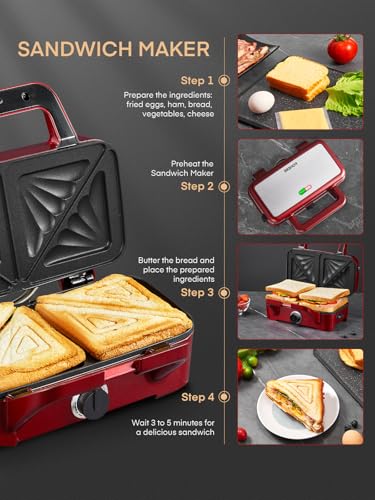 3-in-1 Sandwich Maker, 1200W Grill, Waffle and Sandwich Maker, 5 Speed Temperature Control, 3 Non-Stick and Removable Plates, Cold Touch Handle, LED Light Indicators, BPA Free, Red