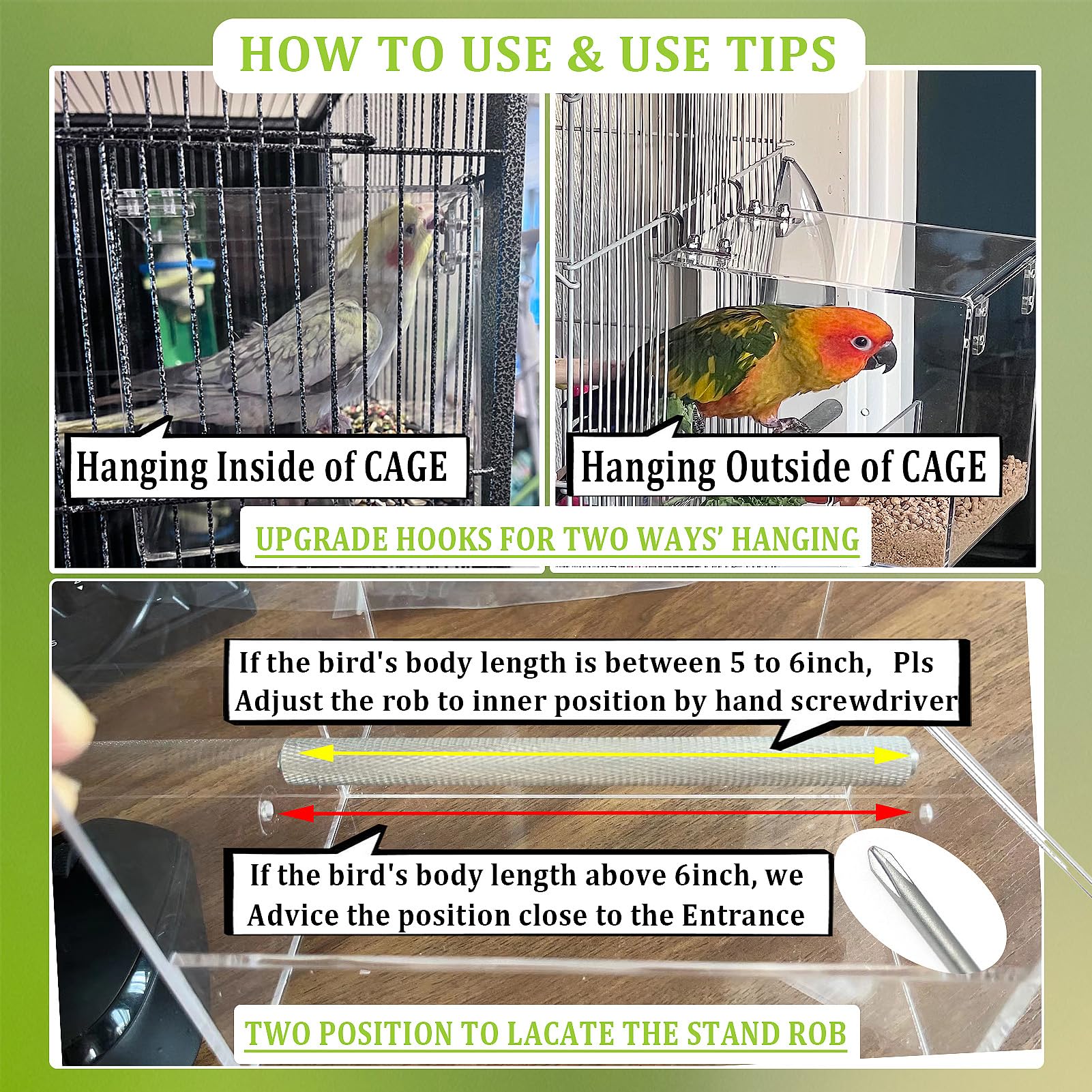 No Mess Bird Feeder for Cage Bird Feeder Automatic Bird Cage Feeder, Acrylic No Spill Bird Feeder Cage for Parakeet Parrot Cockatiels Cockatiels Lorikeet Lovebirds Cage Seed Feeder 6.4inch