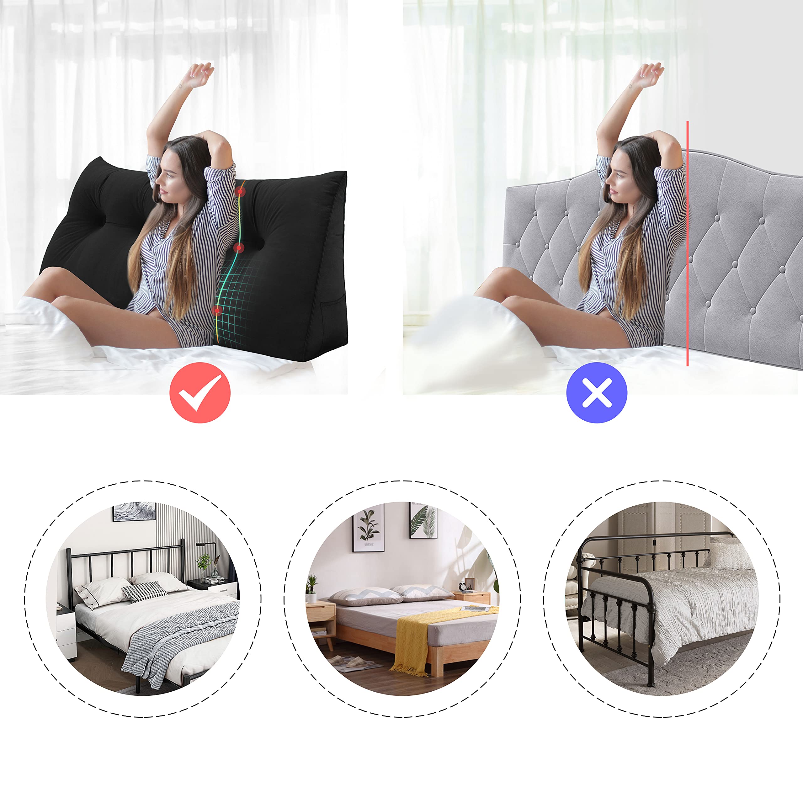 WOWMAX Ergonomics Headboard Pillow for California King Size Bed, Multifunctional Upholstered Headboard Pillows, Triangular Long Wedge Pillow for Wall No Need to Assembly Velvet (100% Cotton) Black