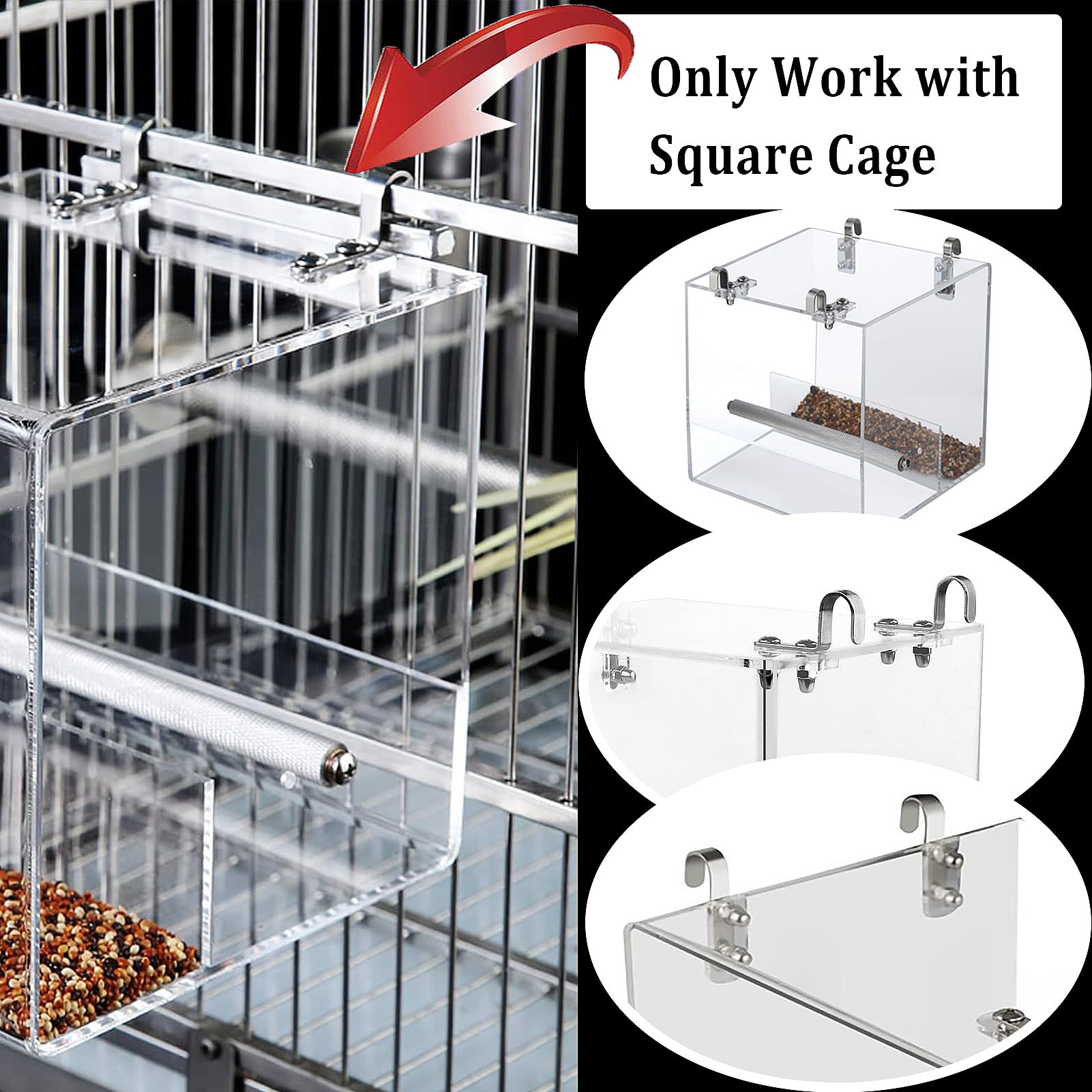 No Mess Bird Feeder for Cage Bird Feeder Automatic Bird Cage Feeder, Acrylic No Spill Bird Feeder Cage for Parakeet Parrot Cockatiels Cockatiels Lorikeet Lovebirds Cage Seed Feeder 6.4inch