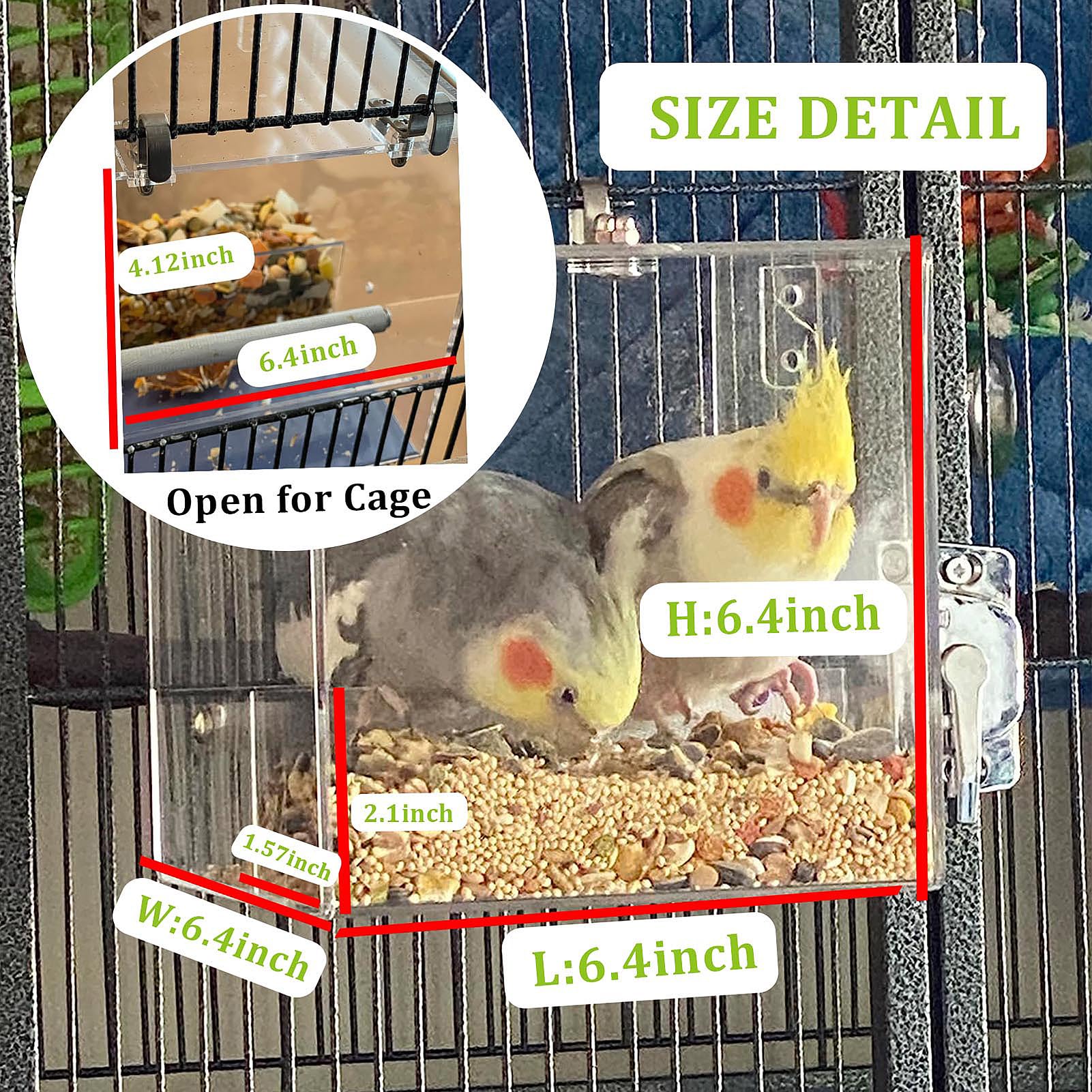 No Mess Bird Feeder for Cage Bird Feeder Automatic Bird Cage Feeder, Acrylic No Spill Bird Feeder Cage for Parakeet Parrot Cockatiels Cockatiels Lorikeet Lovebirds Cage Seed Feeder 6.4inch