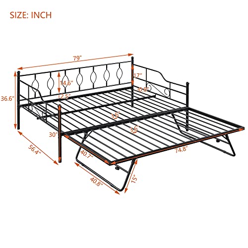 LUSPAZ Full Size Extendable Bed with Pop Up Trundle, Twin to King Daybed with Pull Out Trundle for Adults, Kids