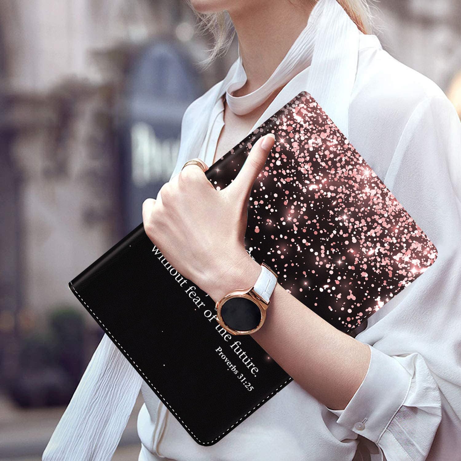 Case for iPad Pro 11 Inch 4th/3rd/2nd/1st Generation 2022/2021/2020/2018, Fit Also iPad Air 4/5 th 10.9 inch Adjustable Stand Auto Sleep/Wake, Proverbs 31:25 Bible Verse Rose Gold Glitter Black